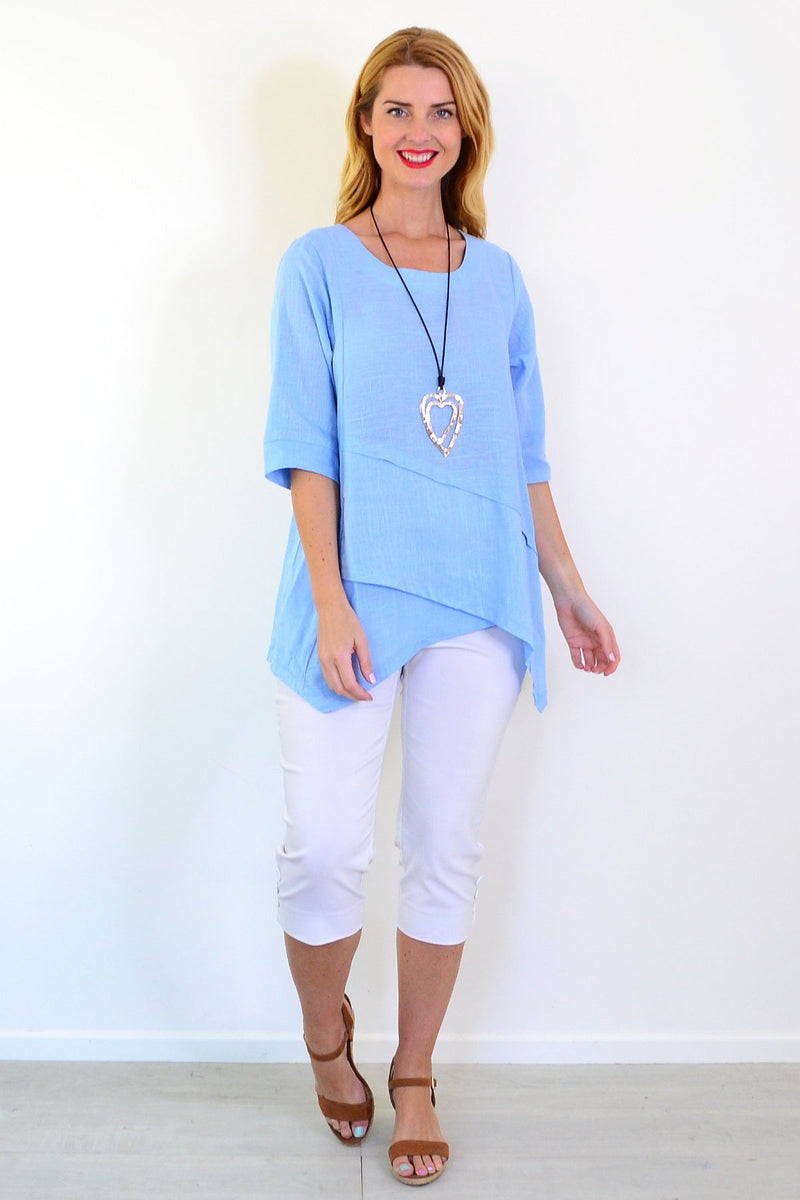 Sky Blue Layered Linen Blend Tunic Top | I Love Tunics