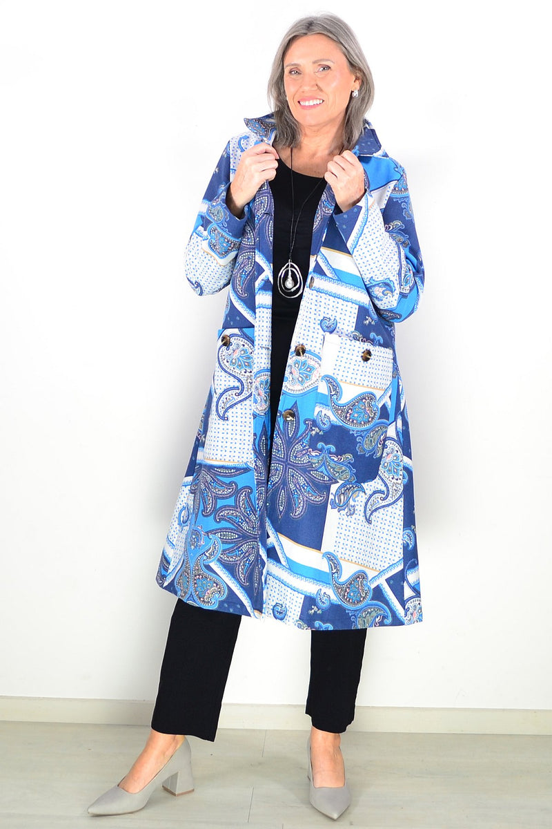 Long Blue Paisley Fleece Lined Jacket | I Love Tunics