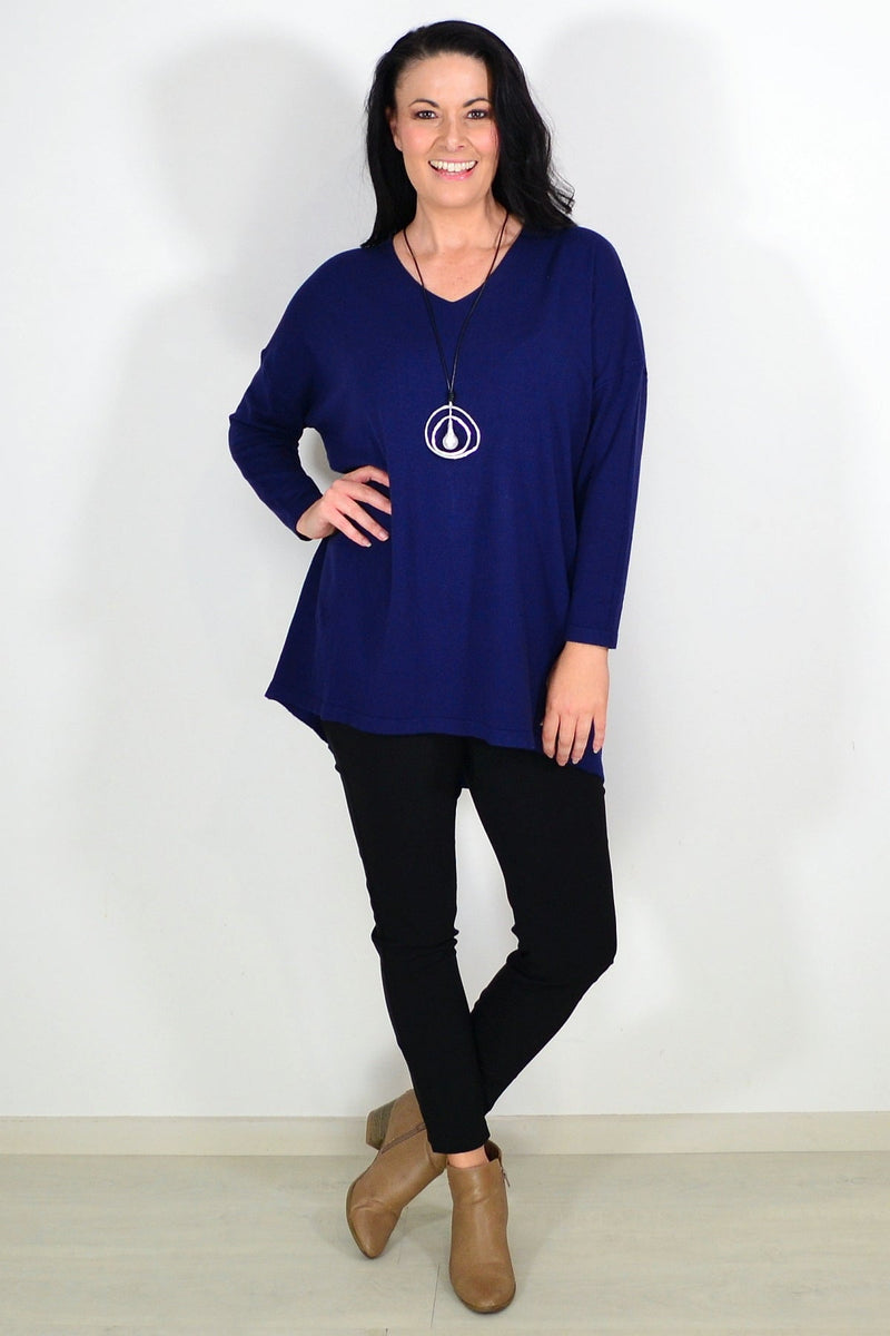 Navy Blue Wool Blend Fine Knit Tunic Top | I Love Tunics