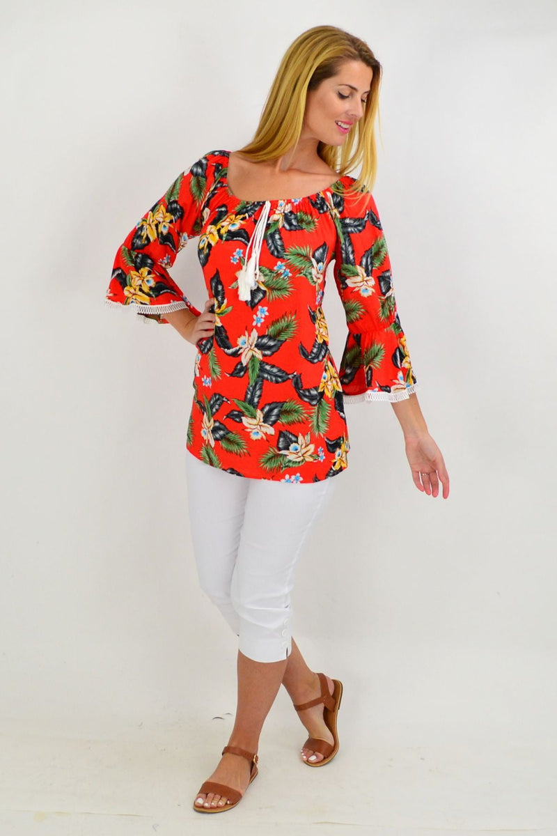 Orange Tropical Tassel Off shoulder Tunic Top | I Love Tunics