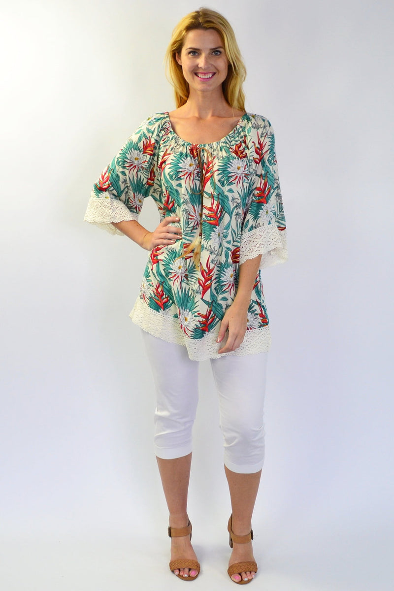 Summer Tropical Flower Off Shoulder Tunic Top | I Love Tunics